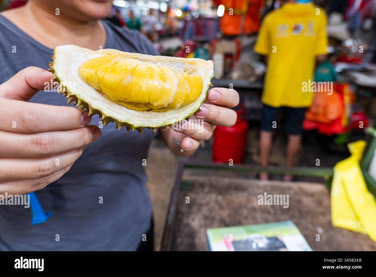 Durian fruit meat close-up in Asia. The durian is the edible fruit of ...