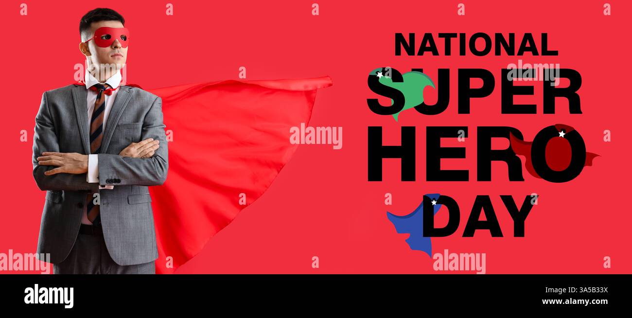 Banner for National Superhero Day with businessman Stock Photo - Alamy