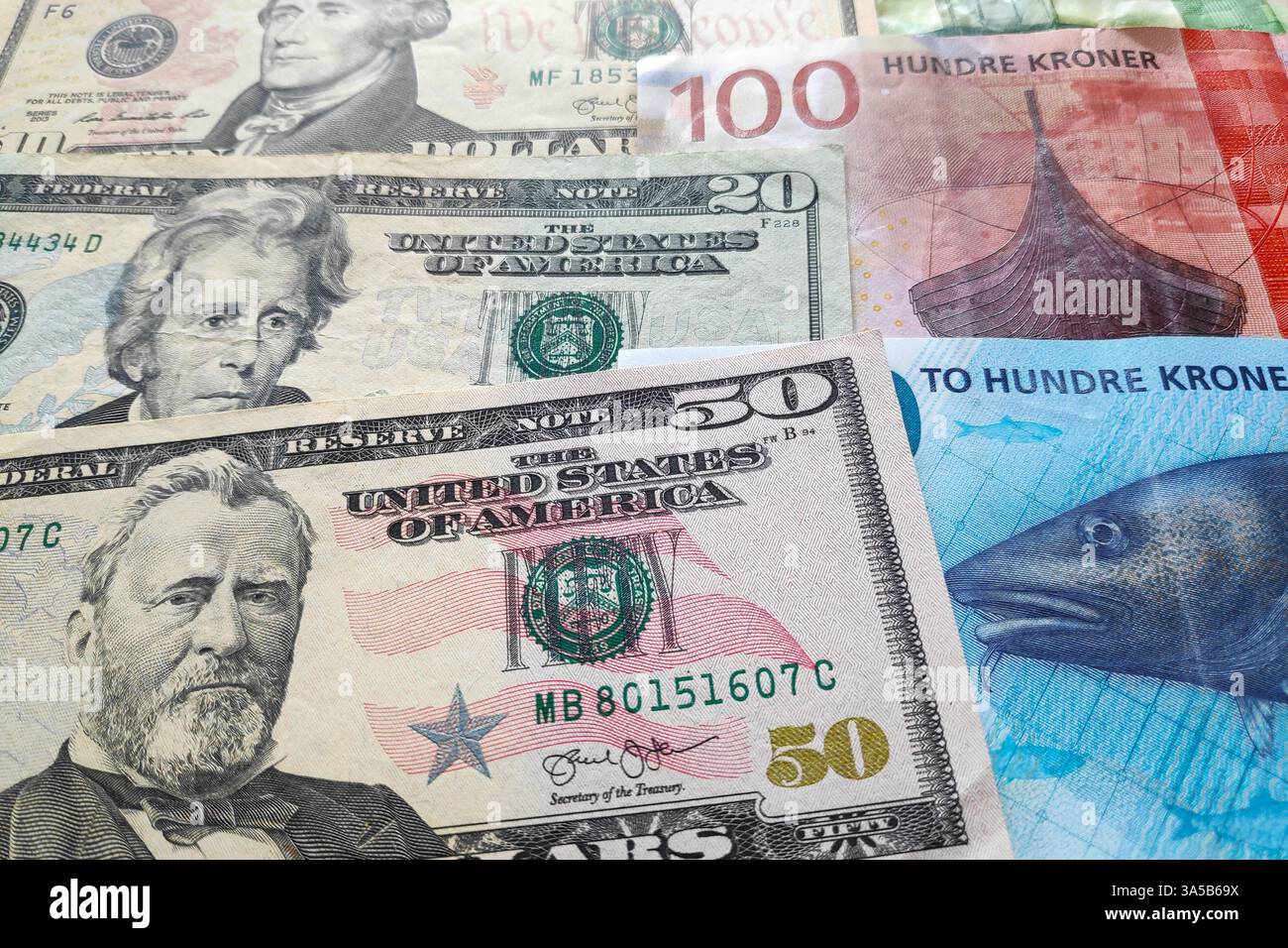 Close-up on a stack of US Dollar and Norwegian krone Stock Photo - Alamy