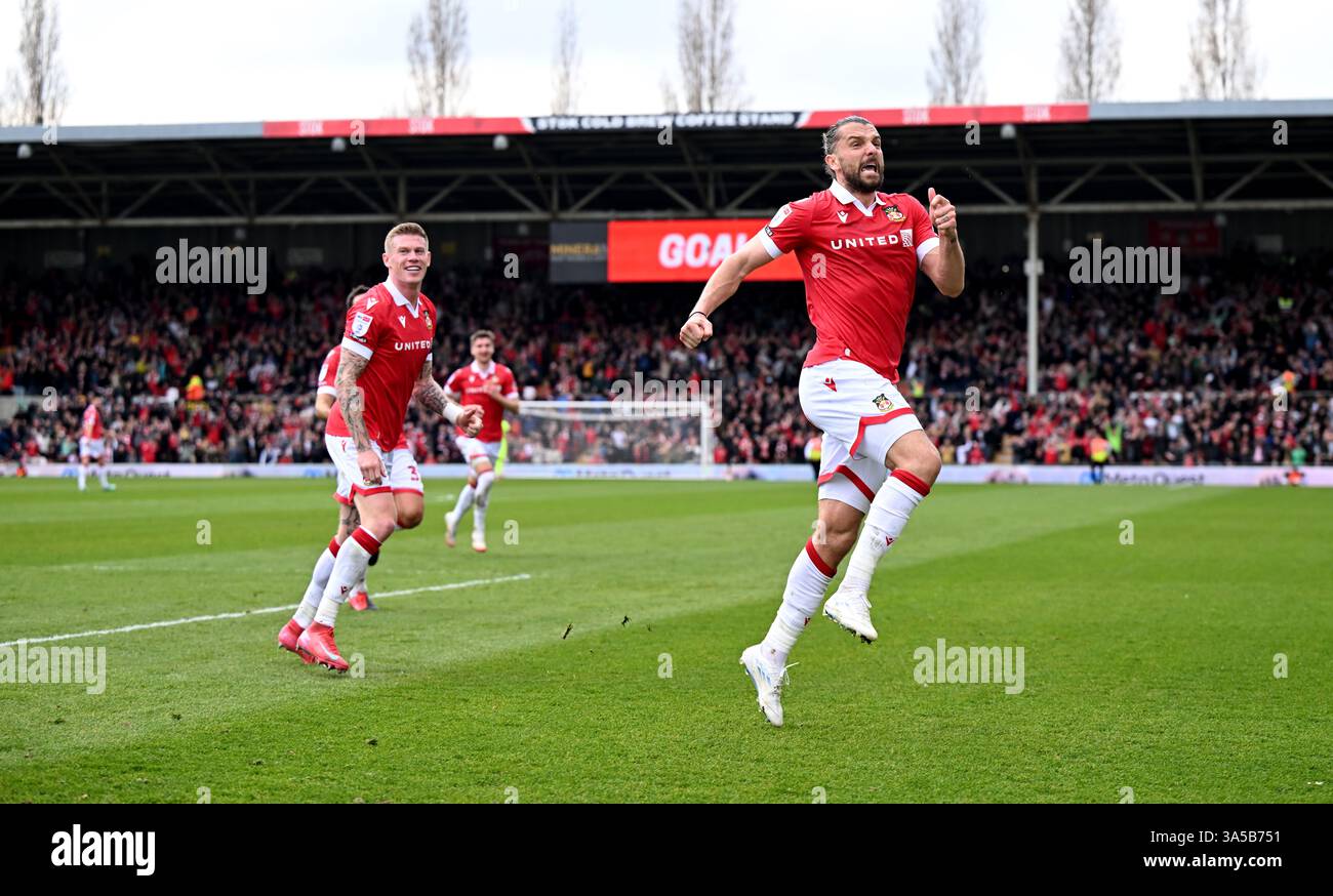 Wrexham's Jay Rodriguez celebrates scoring their side's first goal of ...