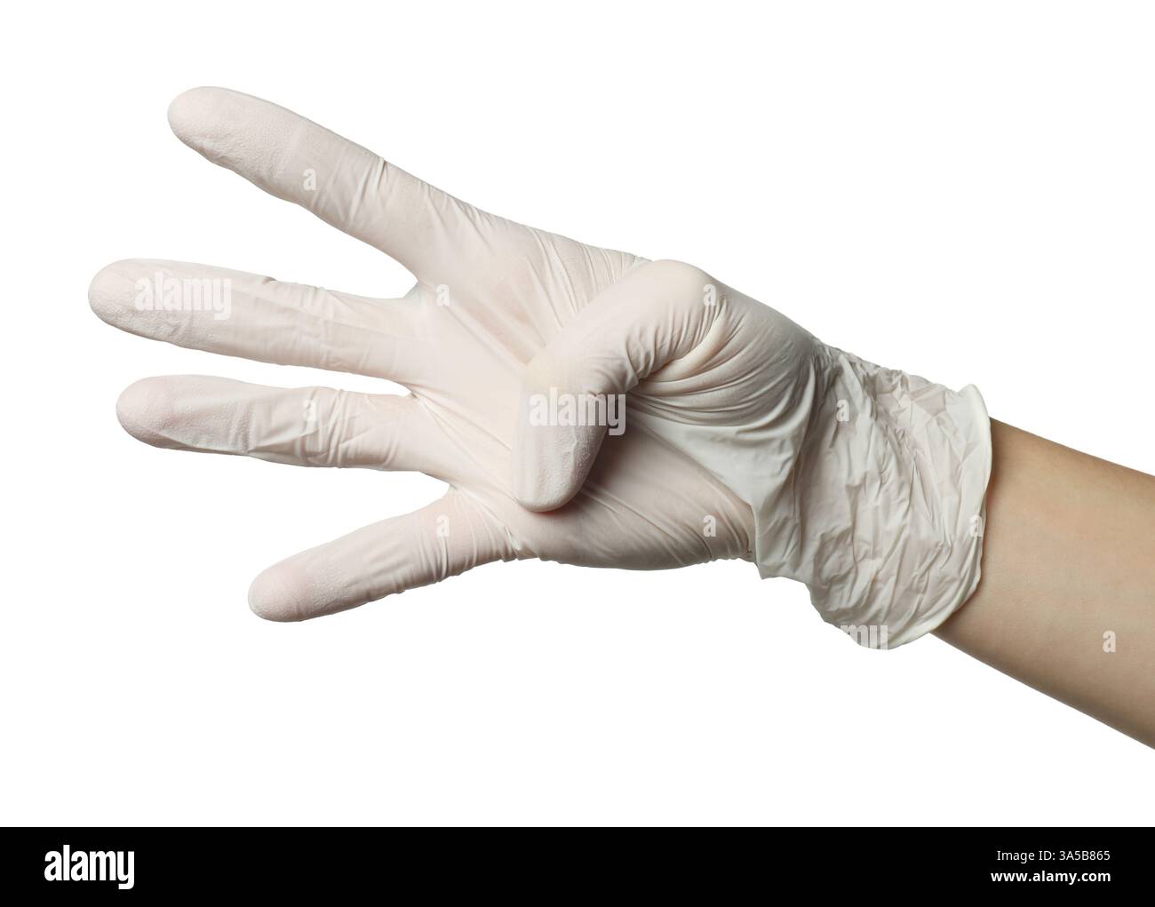 Doctor in medical glove showing four fingers on white background ...