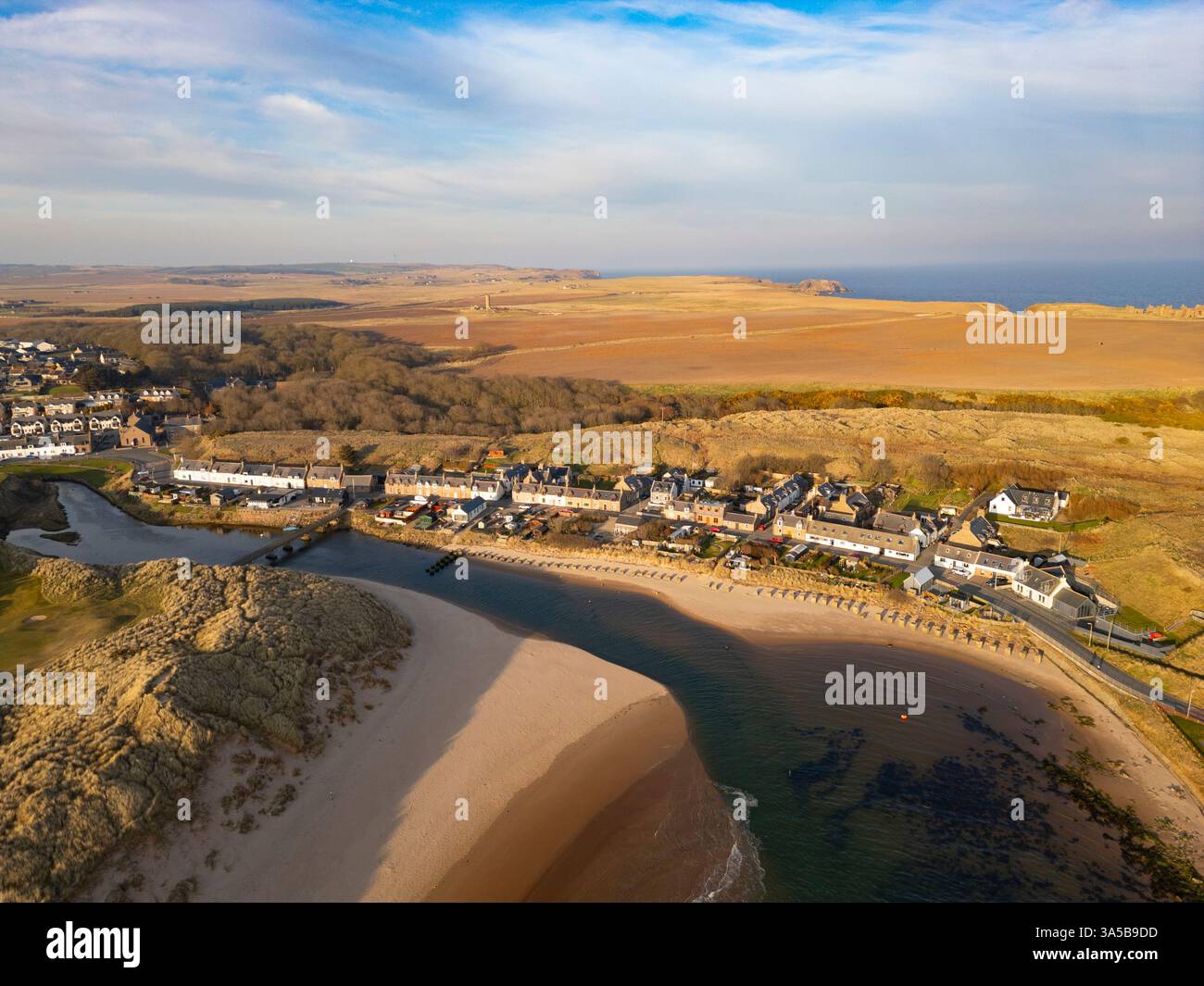 Aerial view from drone of Port Errol village at Cruden Bay ...