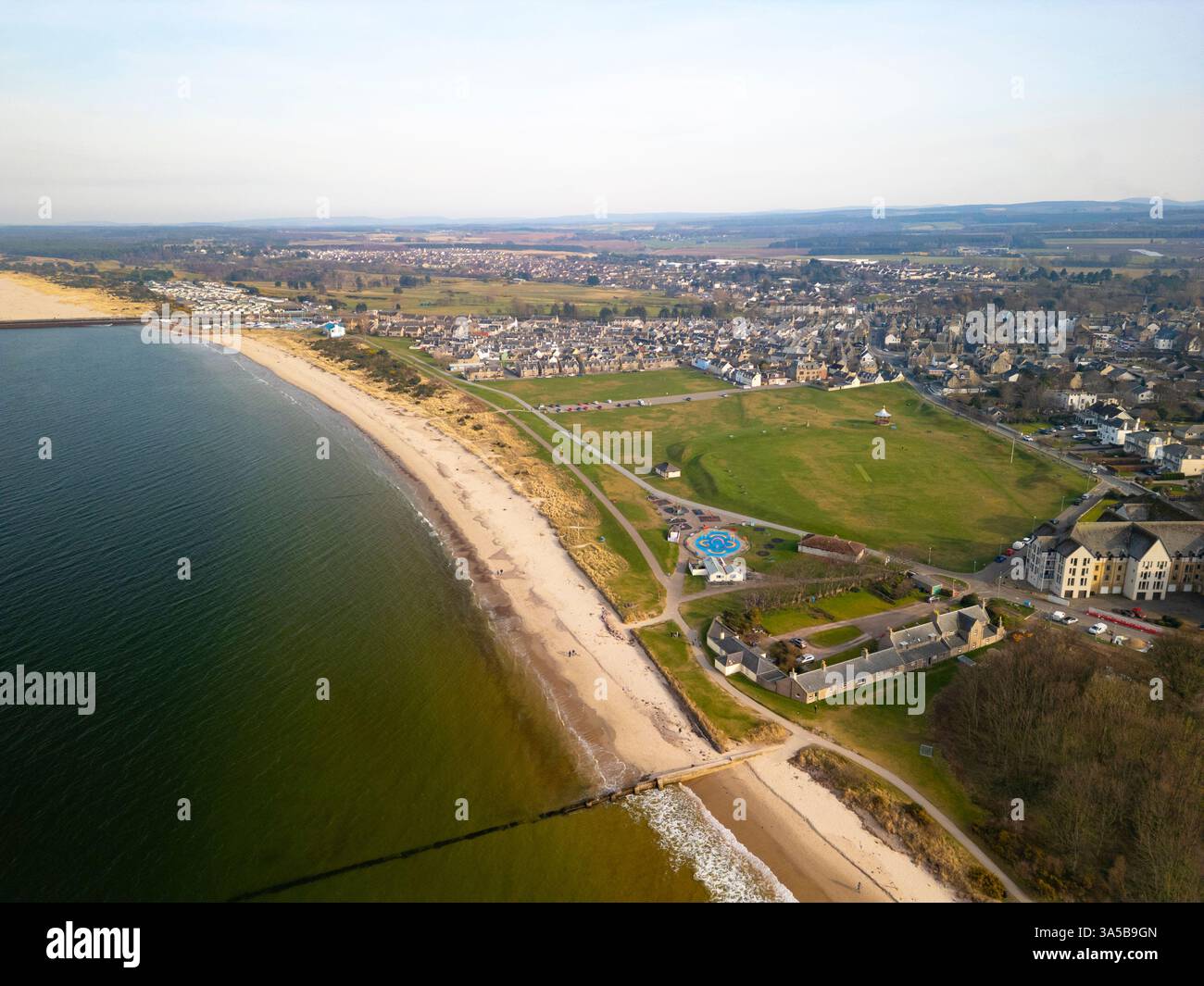 Aerial view of seafront and beach at Nairn, Highland, Scotland, UK ...