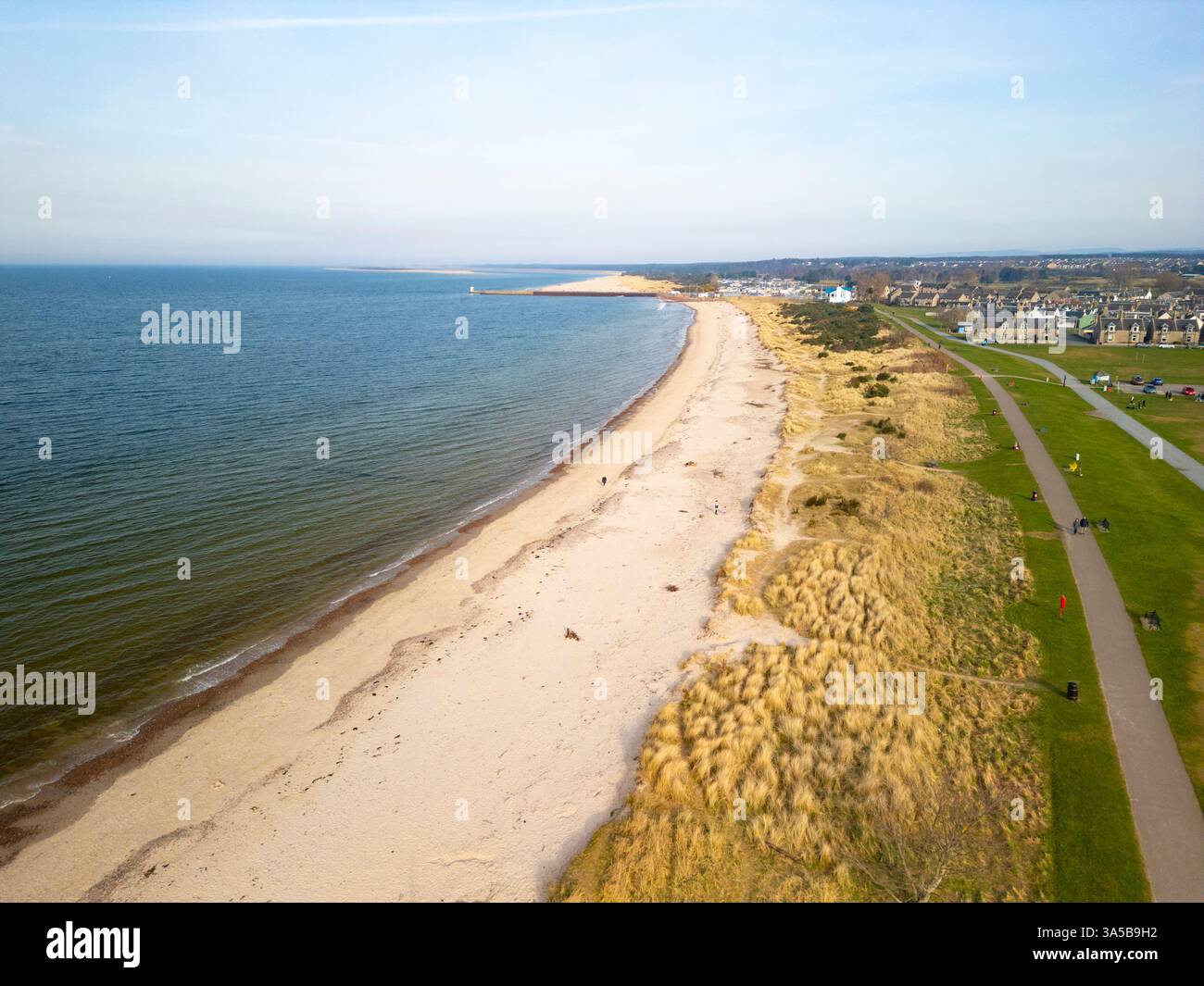 Aerial view of seafront and beach at Nairn, Highland, Scotland, UK ...