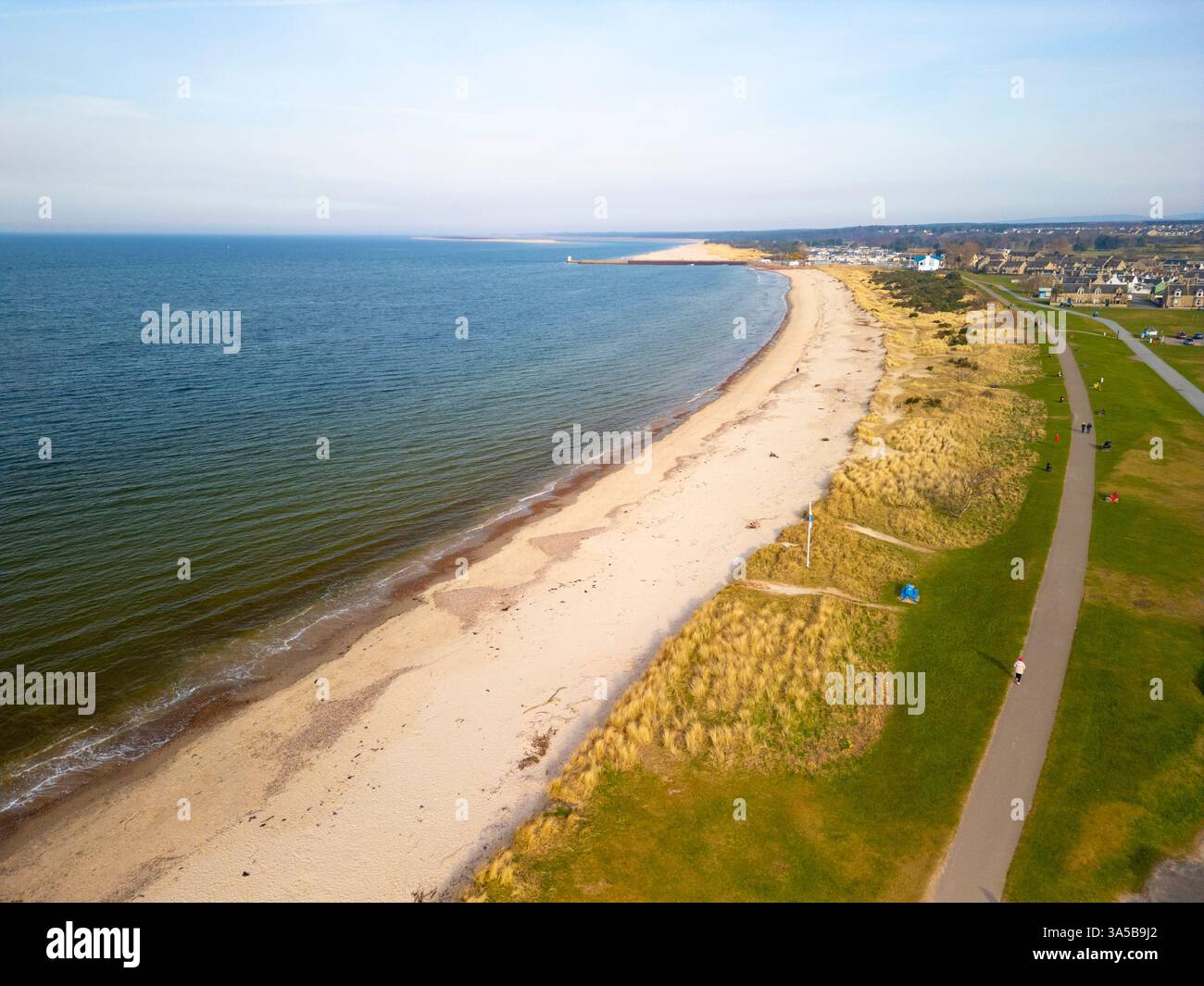 Aerial view of seafront and beach at Nairn, Highland, Scotland, UK ...