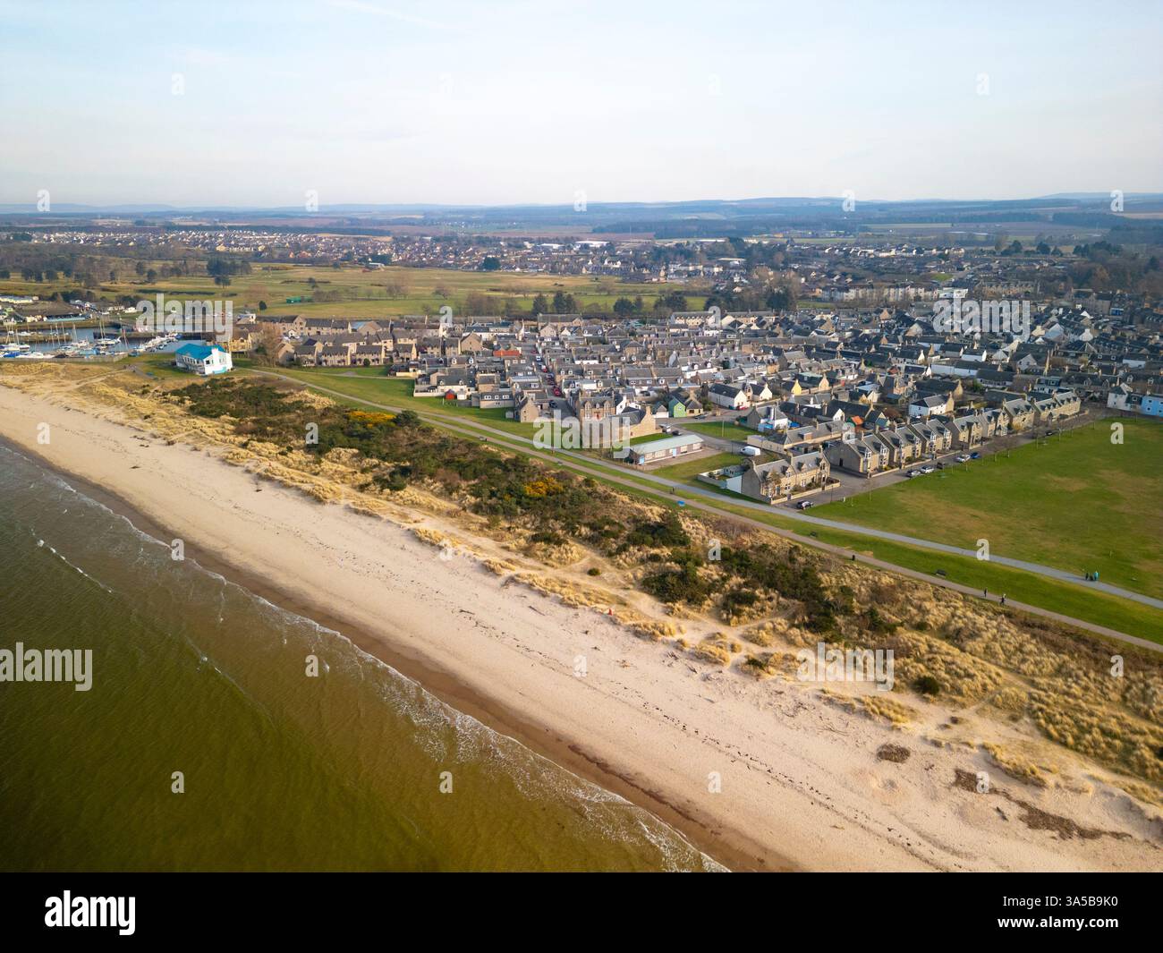 Aerial view of seafront and beach at Nairn, Highland, Scotland, UK ...