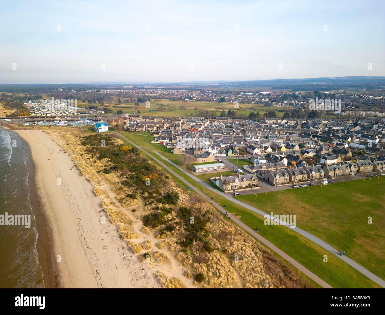 Aerial view of seafront and beach at Nairn, Highland, Scotland, UK ...