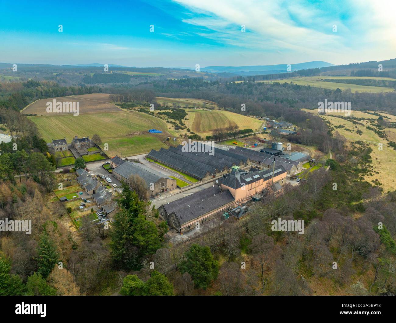 Aerial view of Knockando single malt Scotch Whisky distillery at ...