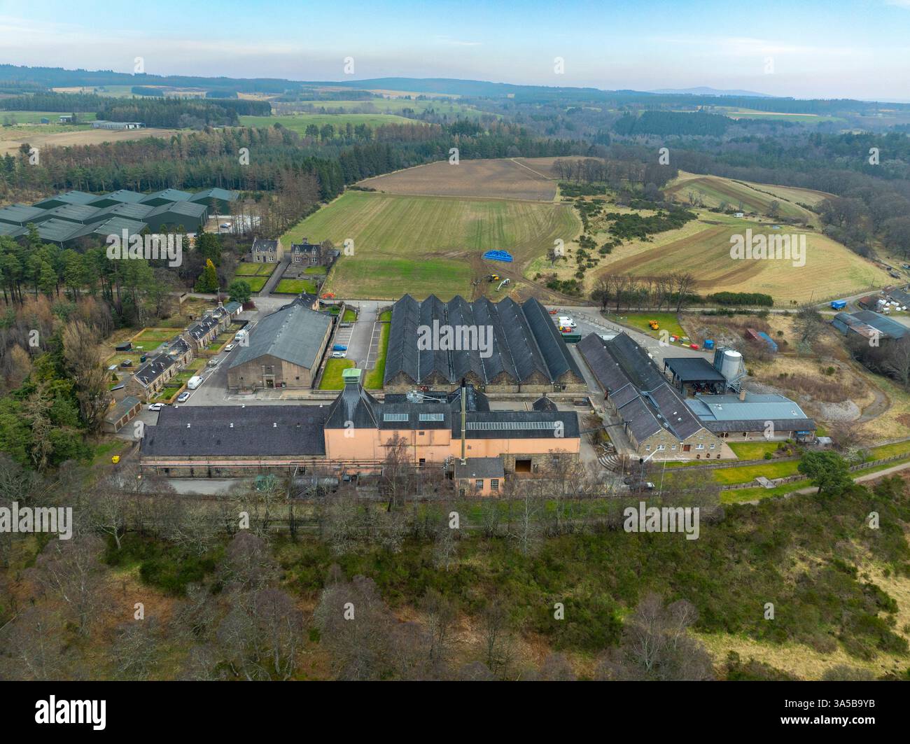 Aerial view of Knockando single malt Scotch Whisky distillery at ...