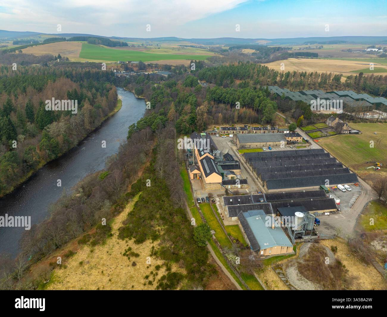 Aerial view of Knockando single malt Scotch Whisky distillery at ...
