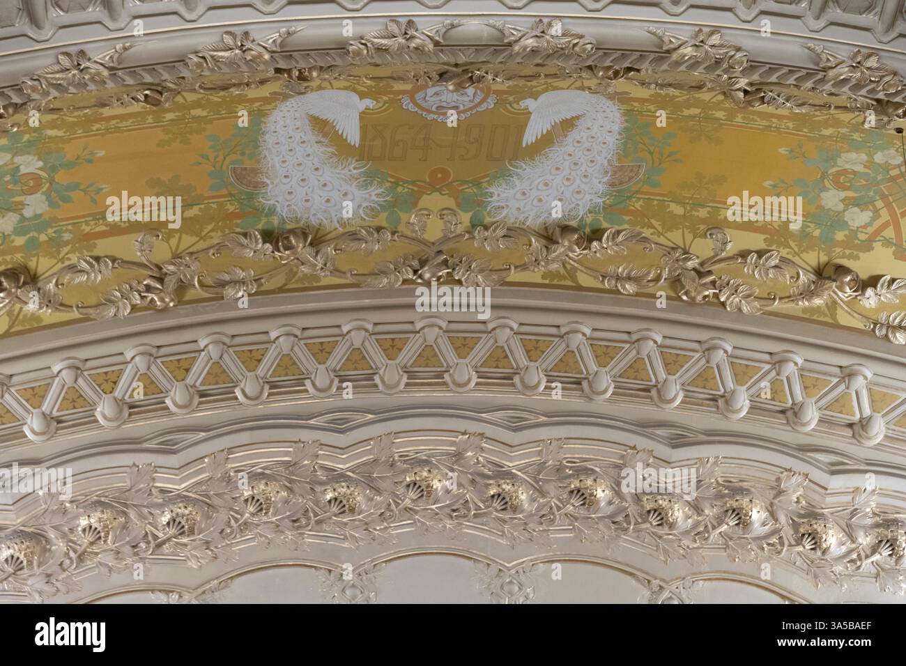 Two white peacocks in Art Nouveau style decorate the proscenium arch at ...