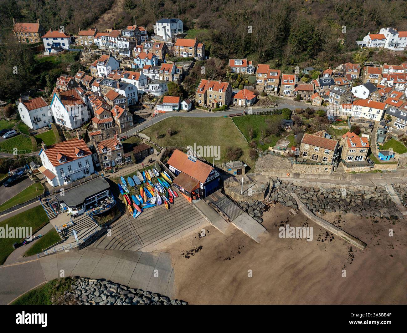 Aerial view of Runswick Bay on the North Yorkshire coast of northeast ...