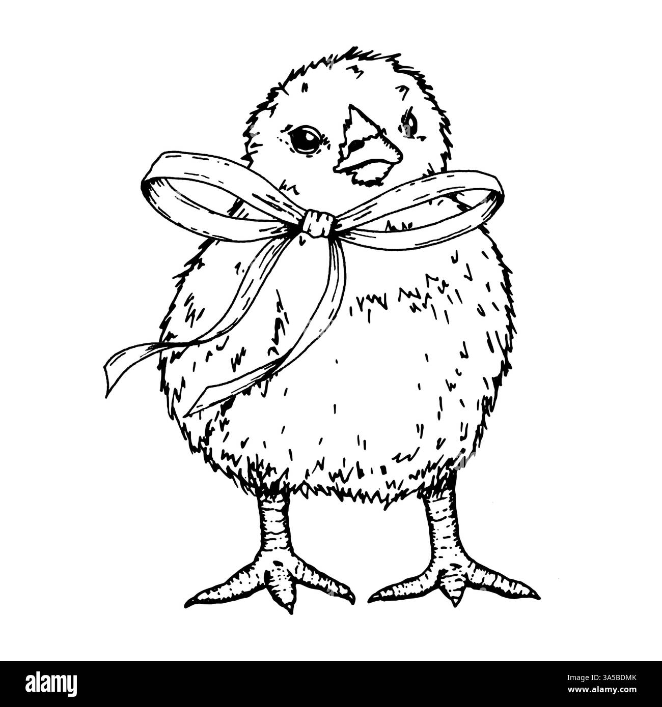 A black and white ink illustration of a fluffy chick wearing a ribbon ...