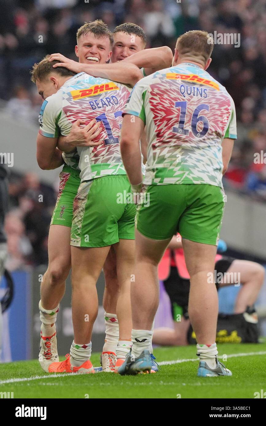 Harlequins’ Jamie Benson (centre, left) celebrates with team mates ...