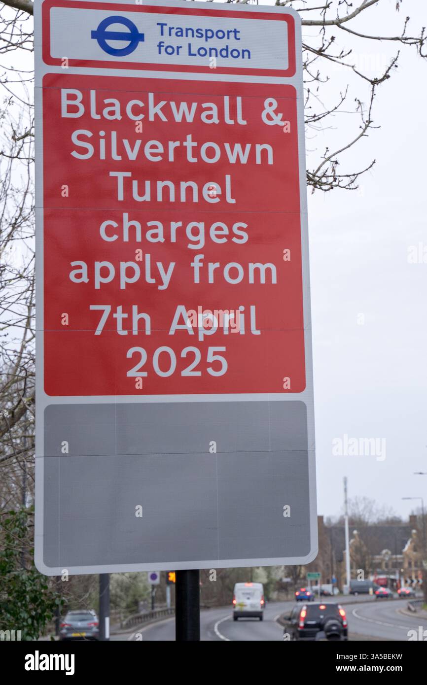Blackwall Tunnel toll charge warning road sign with white letterings on ...