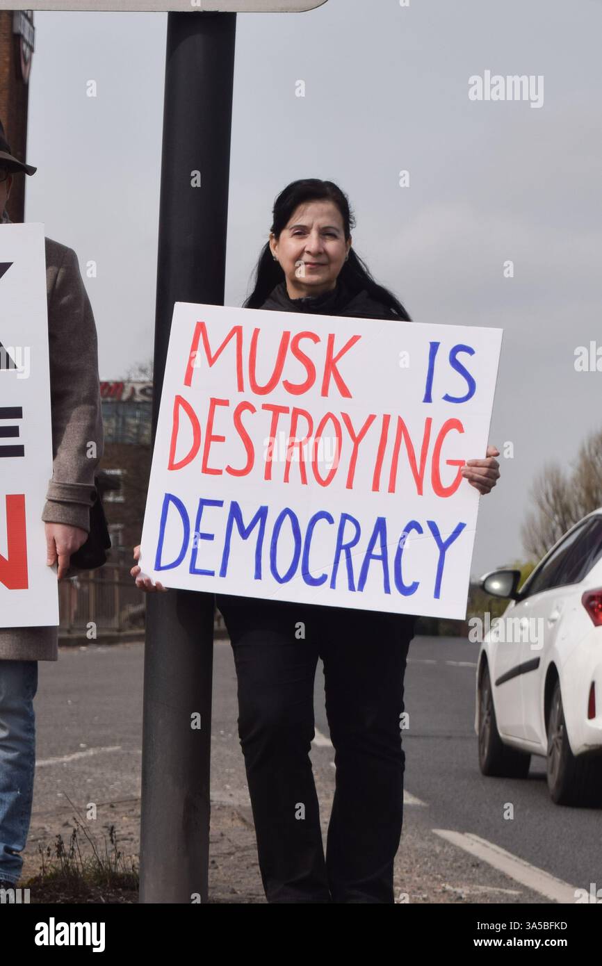 London, UK. 22nd March 2025. Protest against Tesla and Elon Musk ...