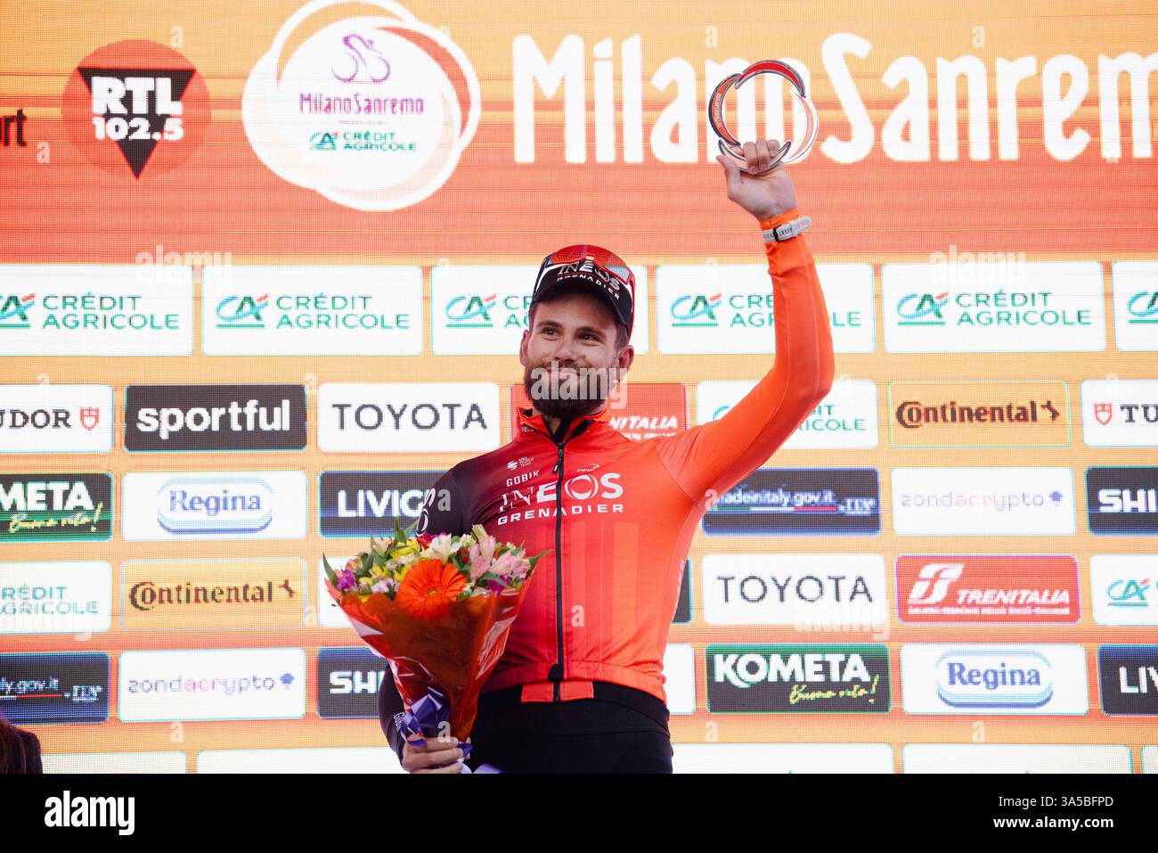 Sanremo, Imperia, Italy. 22nd Mar, 2025. Filippo Ganna on the podium ...