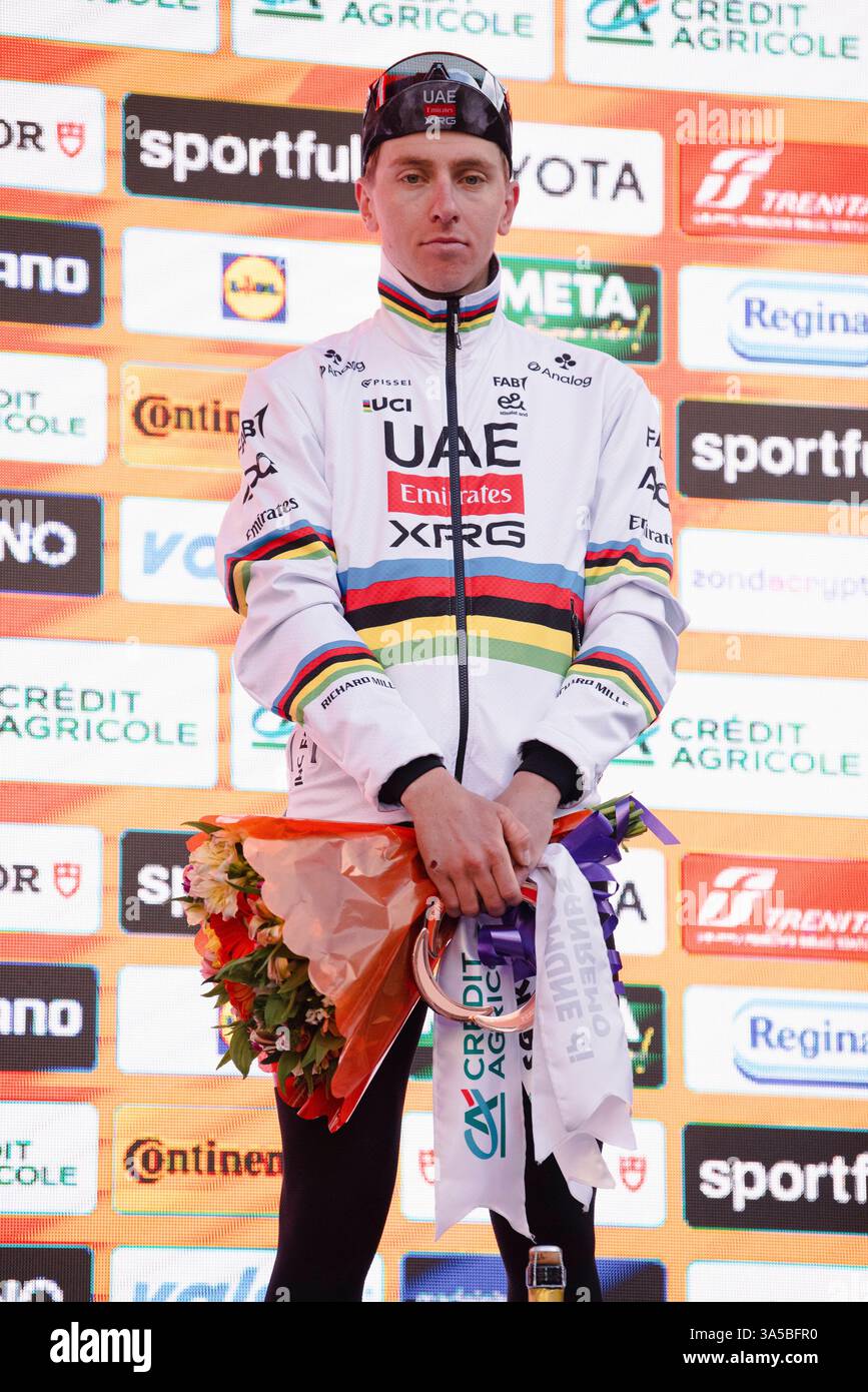 Sanremo, Imperia, Italy. 22nd Mar, 2025. Tadej Pogacar unsatisfied ...