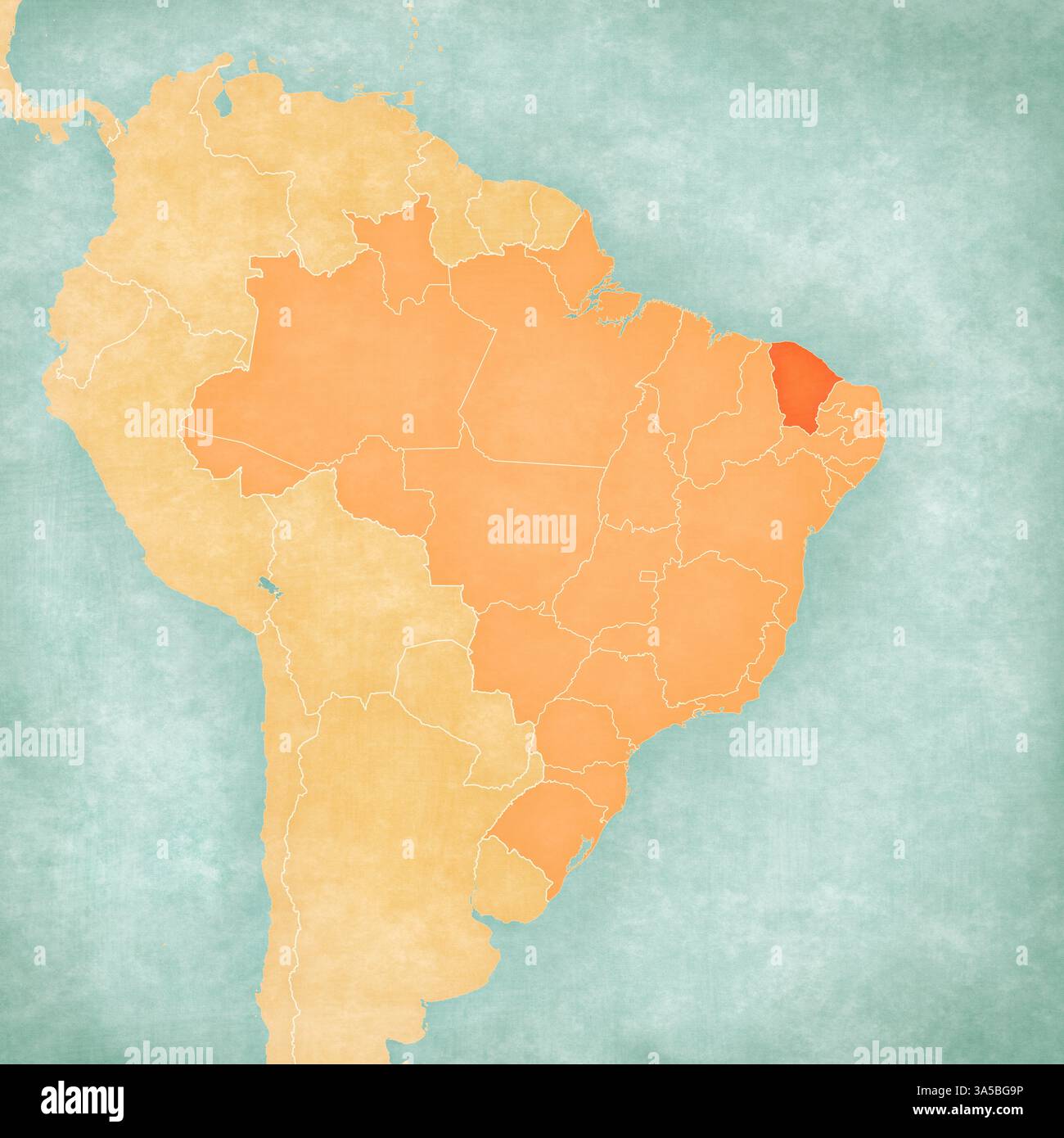 Ceara on the map of Brazil in soft grunge and vintage style, like old ...