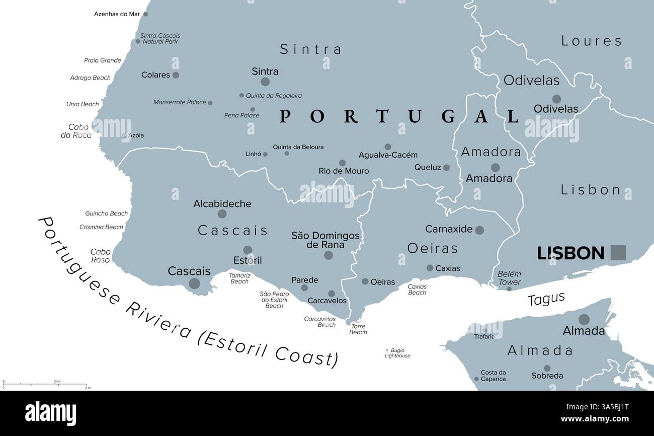 Portuguese Riviera, Estoril Coast, gray political map. Affluent coastal ...