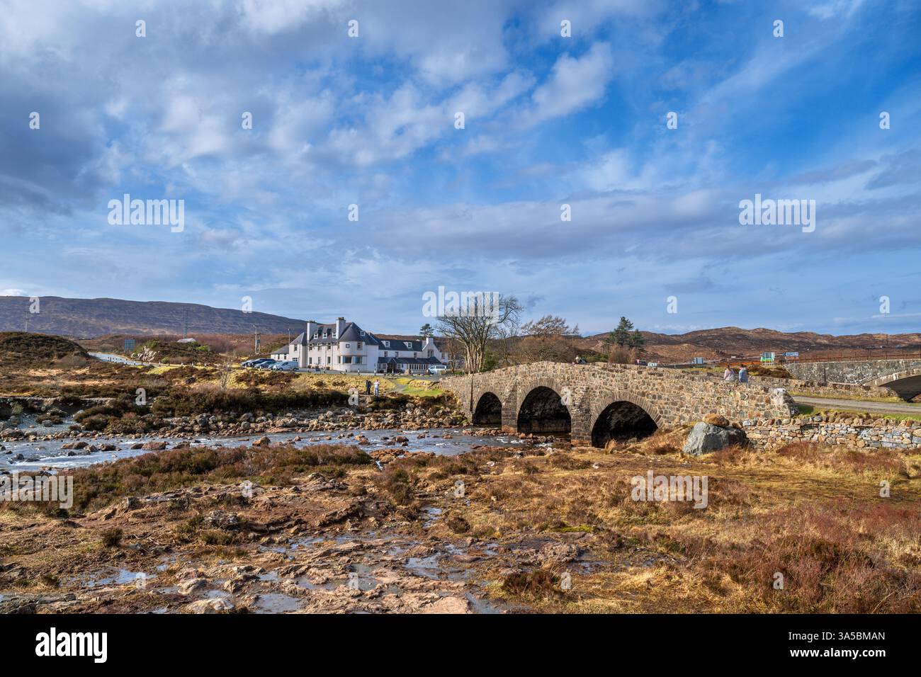 Sligachan Old Bridge looking towards the Sligachan Hotel, Isle of Skye ...