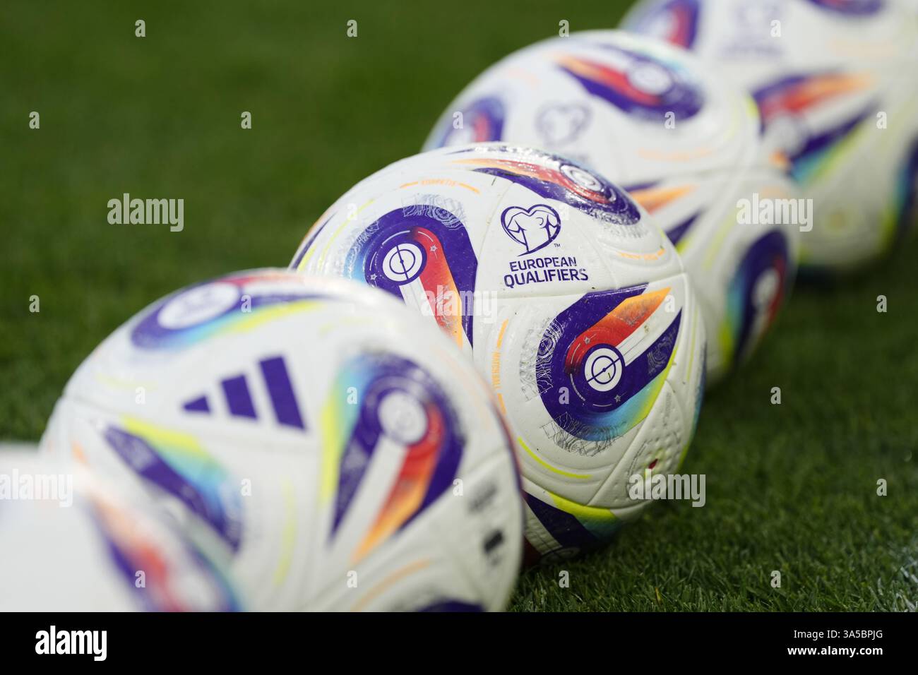 A general view of European Qualifiers footballs before the 2026 FIFA ...
