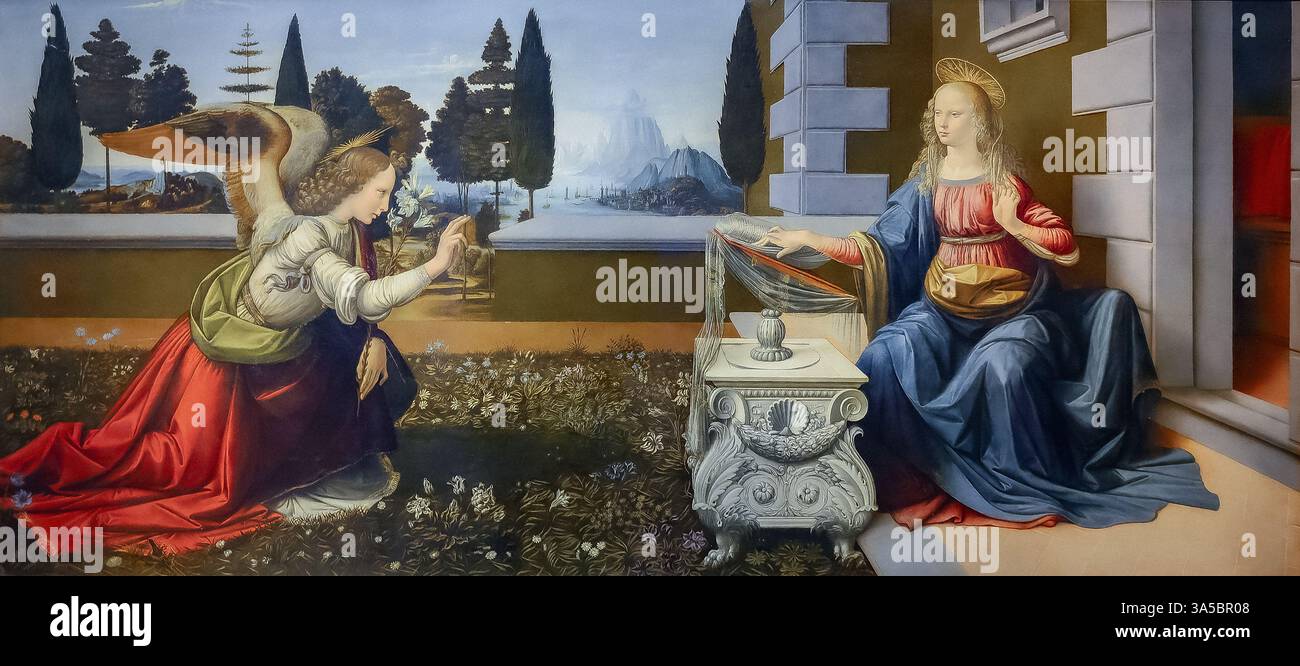 Leonardo da Vinci, The Annunciation, 1472, oil on panel, Uffizi Gallery, Florence, Italy Stock ...