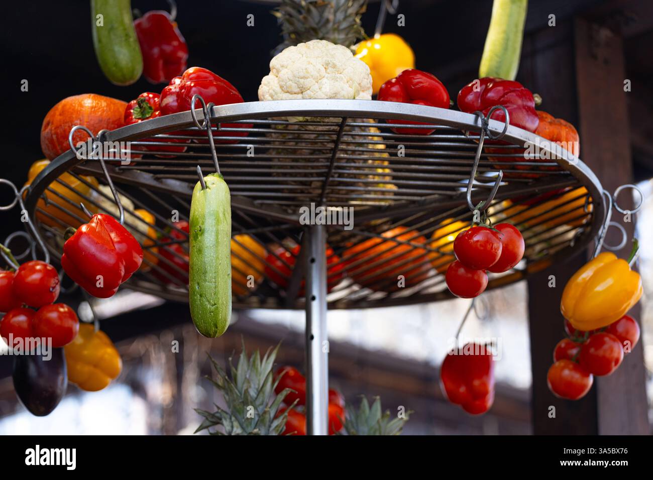 Colorful Display of Fresh Vegetables and Fruits on a Rustic Metal Rack ...