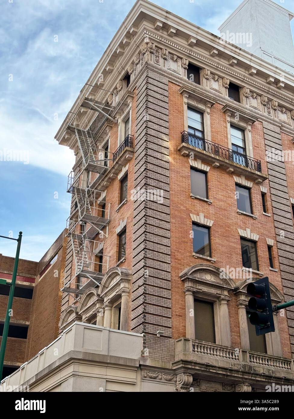 Detailed corner view of a historic brick building in Norfolk, Virginia ...