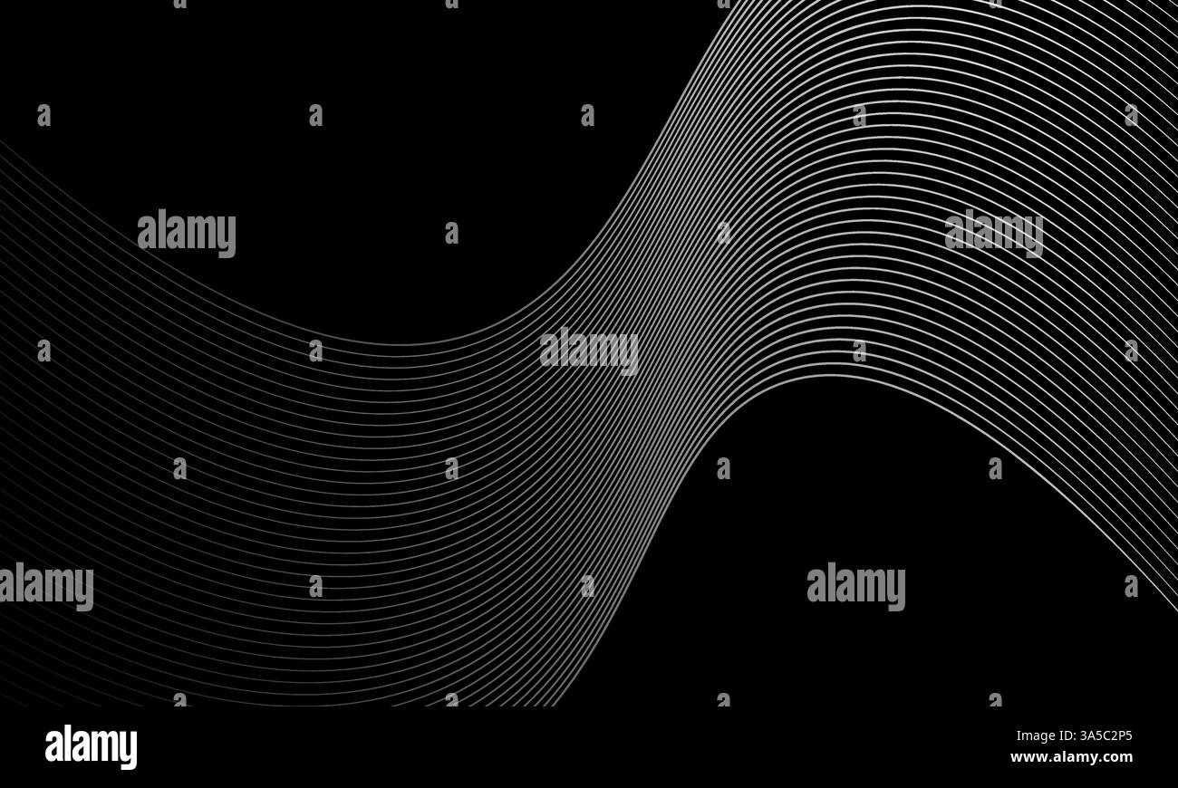 Abstract black background with flowing white curved lines creating a wave effect. Vector ...