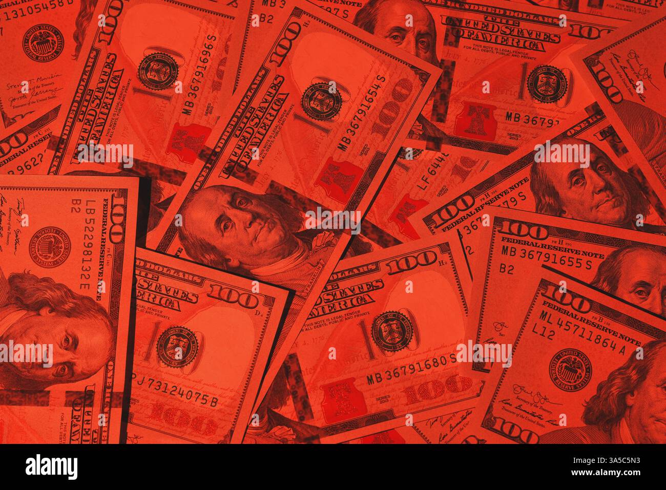 A Vibrant Red Overlay Aesthetically Showcasing U.S. Dollar Bills That ...
