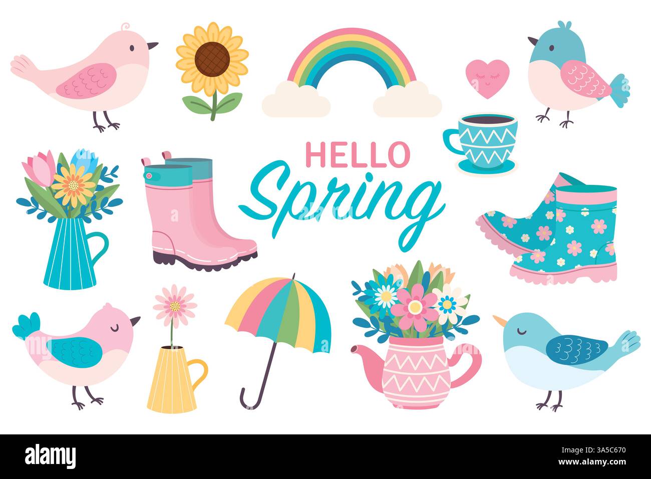 Spring illustration set. Hello spring. Vector Clip art. simple flat ...