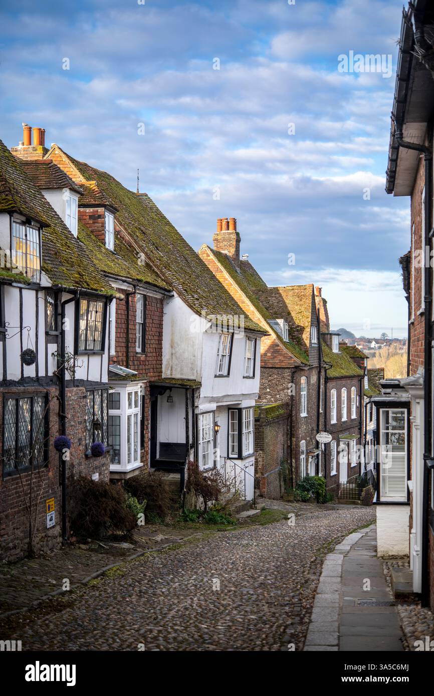 View along the cobbled Mermaid Street in Rye, East Sussex, England UK ...