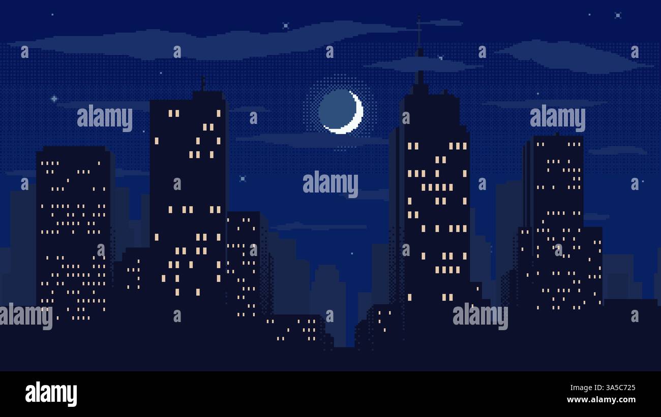 Night time cityscape pixel background. High buildings silhouette with ...