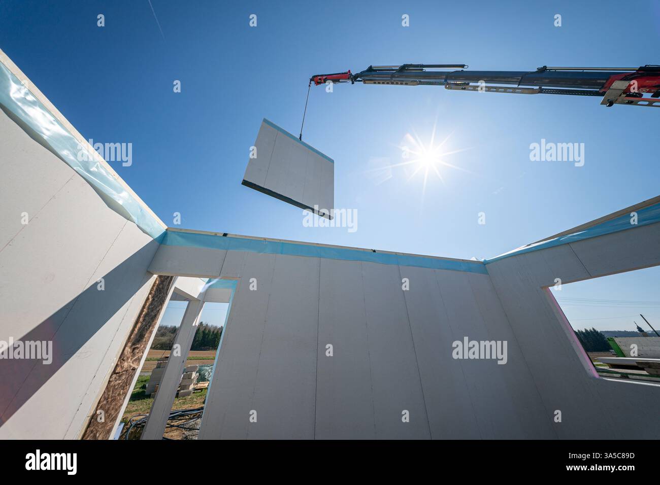 view of unfinished frame of private house with aerated lightweight ...