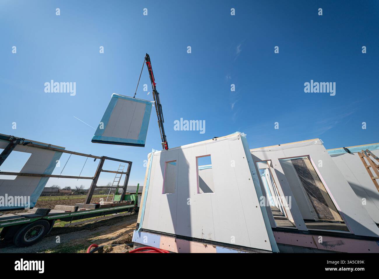 view of unfinished frame of private house with aerated lightweight ...