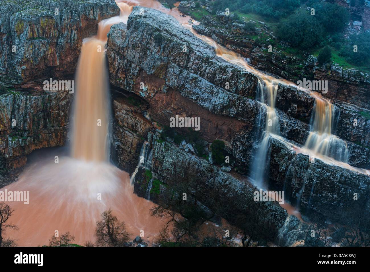 La Cimbarra Waterfall on the Guarrizas River, with a silky water effect ...