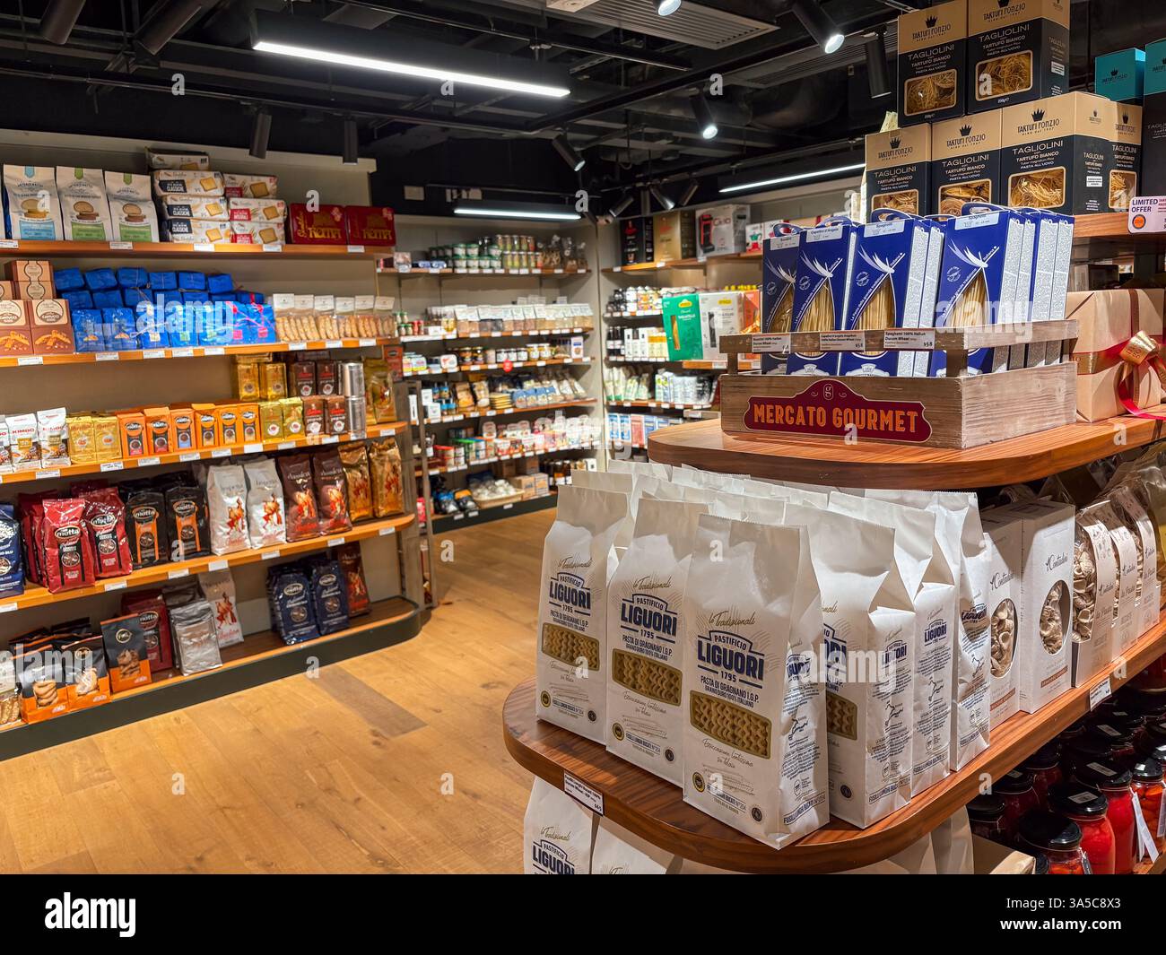 Gourmet food products on shelves Stock Photo - Alamy