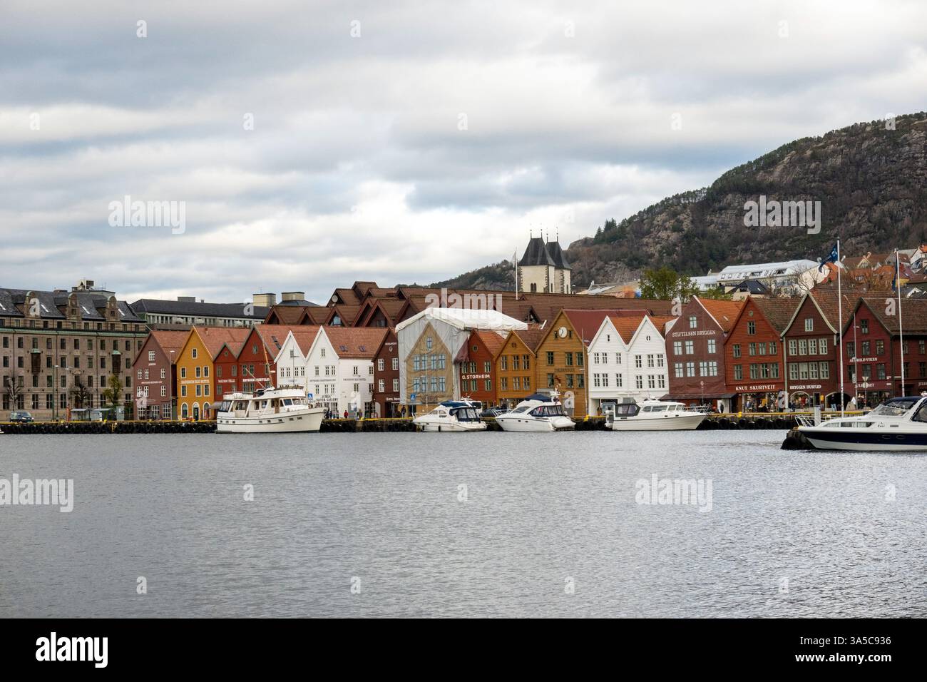 Landscape of Bergen, Norway. Scenic summer panorama of the Old Town pier architecture of Bryggen ...
