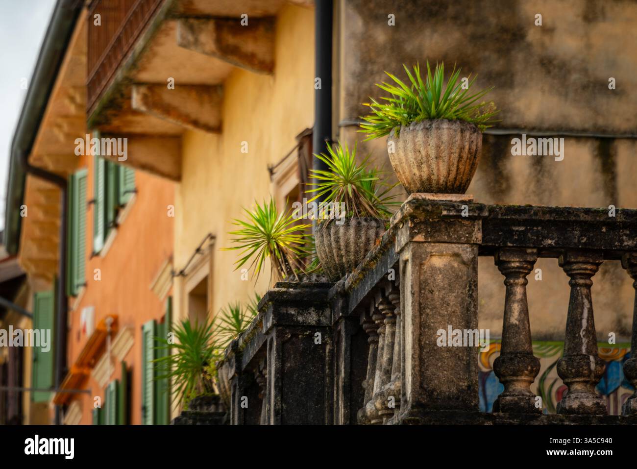 Old balcony balustrade decorated with flowers Stock Photo - Alamy