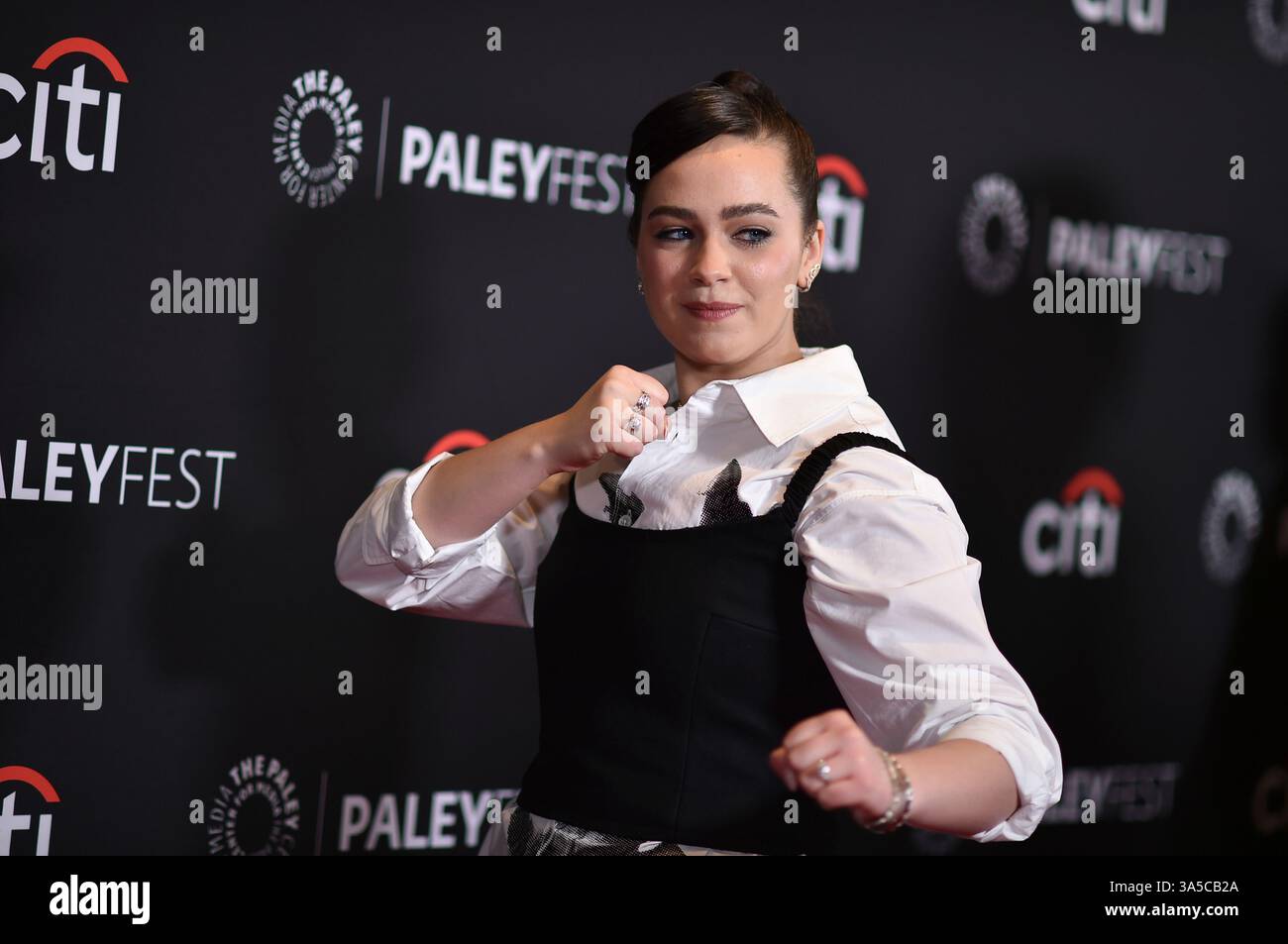 Mary Mouser arrives at a screening of "Cobra Kai" during PaleyFest on Saturday, March 22, 2025 ...