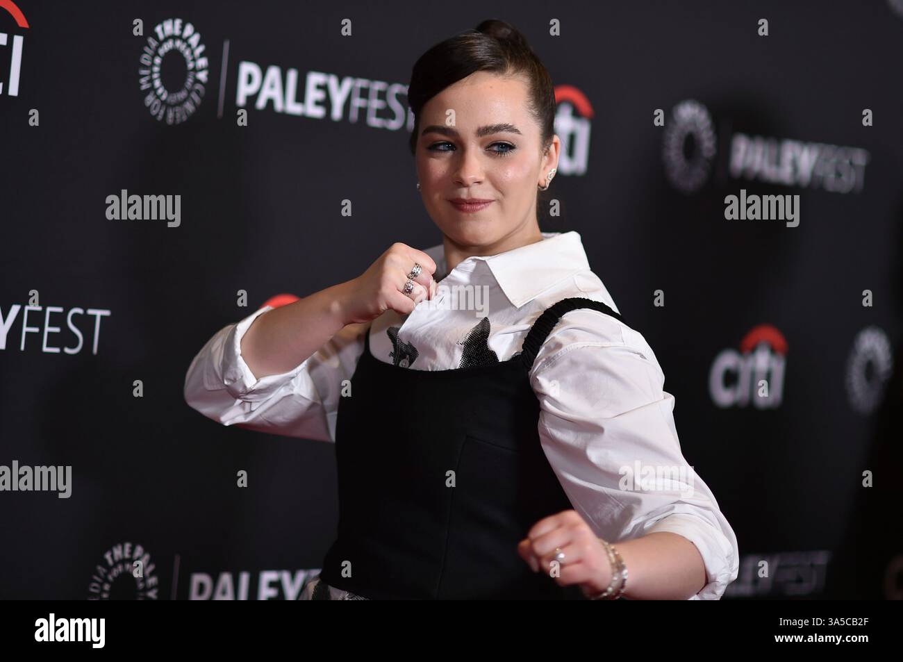 Mary Mouser arrives at a screening of "Cobra Kai" during PaleyFest on Saturday, March 22, 2025 ...