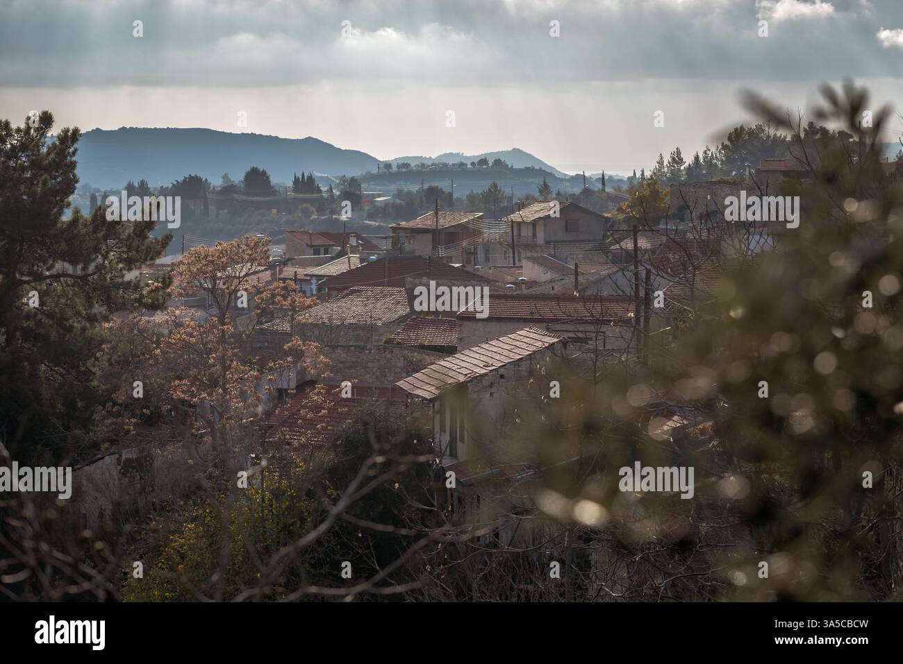Traditional houses with red tiled roofs in Vouni village are blending ...