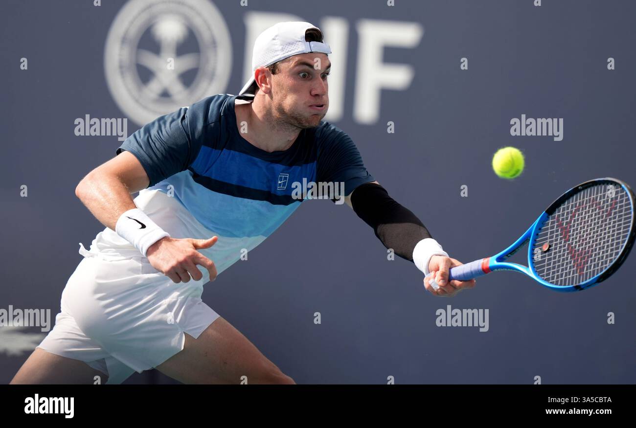Jack Draper, of Great Britain, hits a return to Jakub Mensik, of the ...