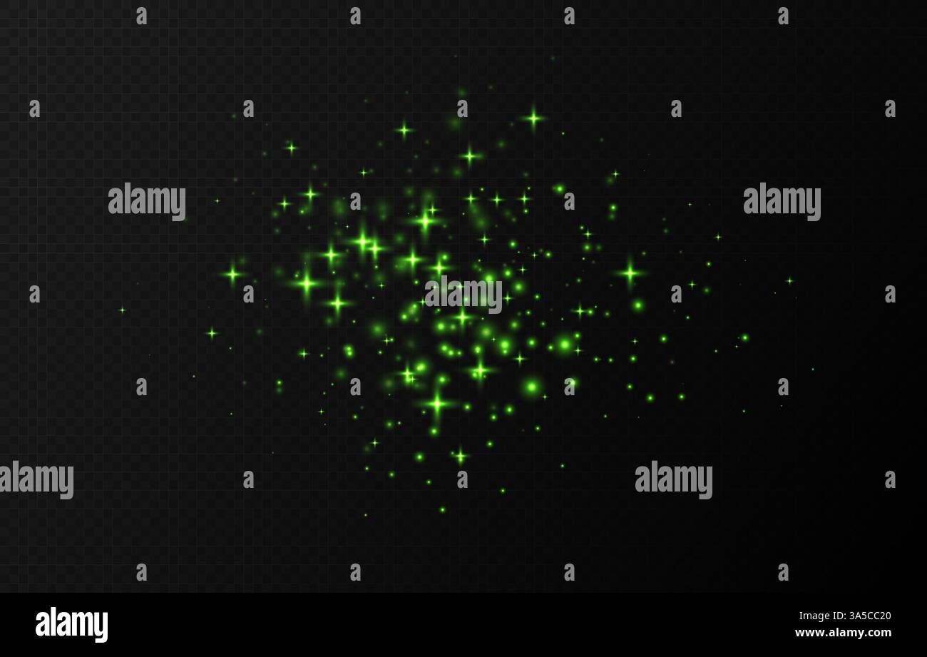 Green sparkling stars, shiny particles light effect, transparent flying ...