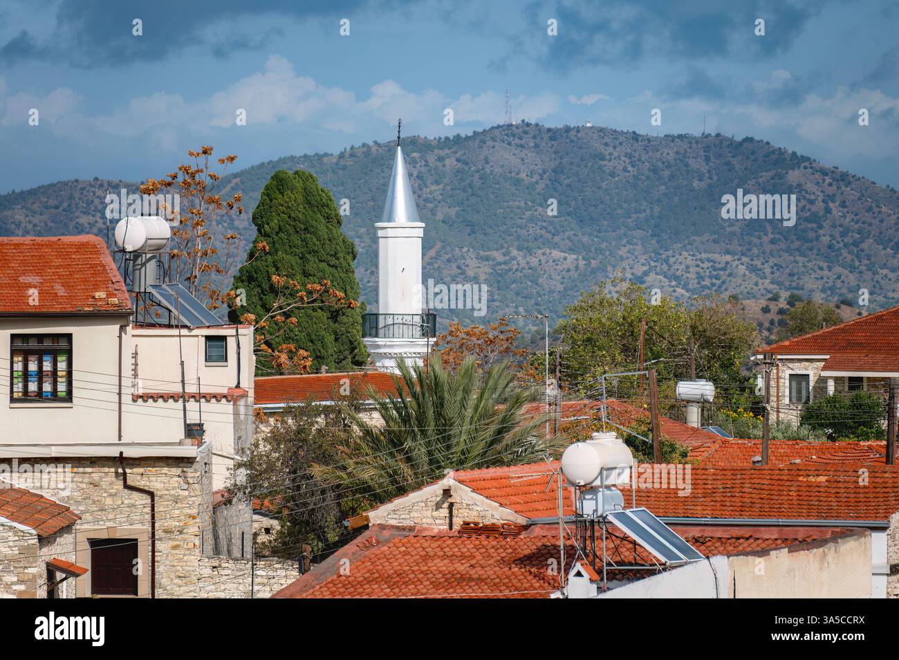 Traditional Cypriot houses with red tiled roofs and a white minaret of ...