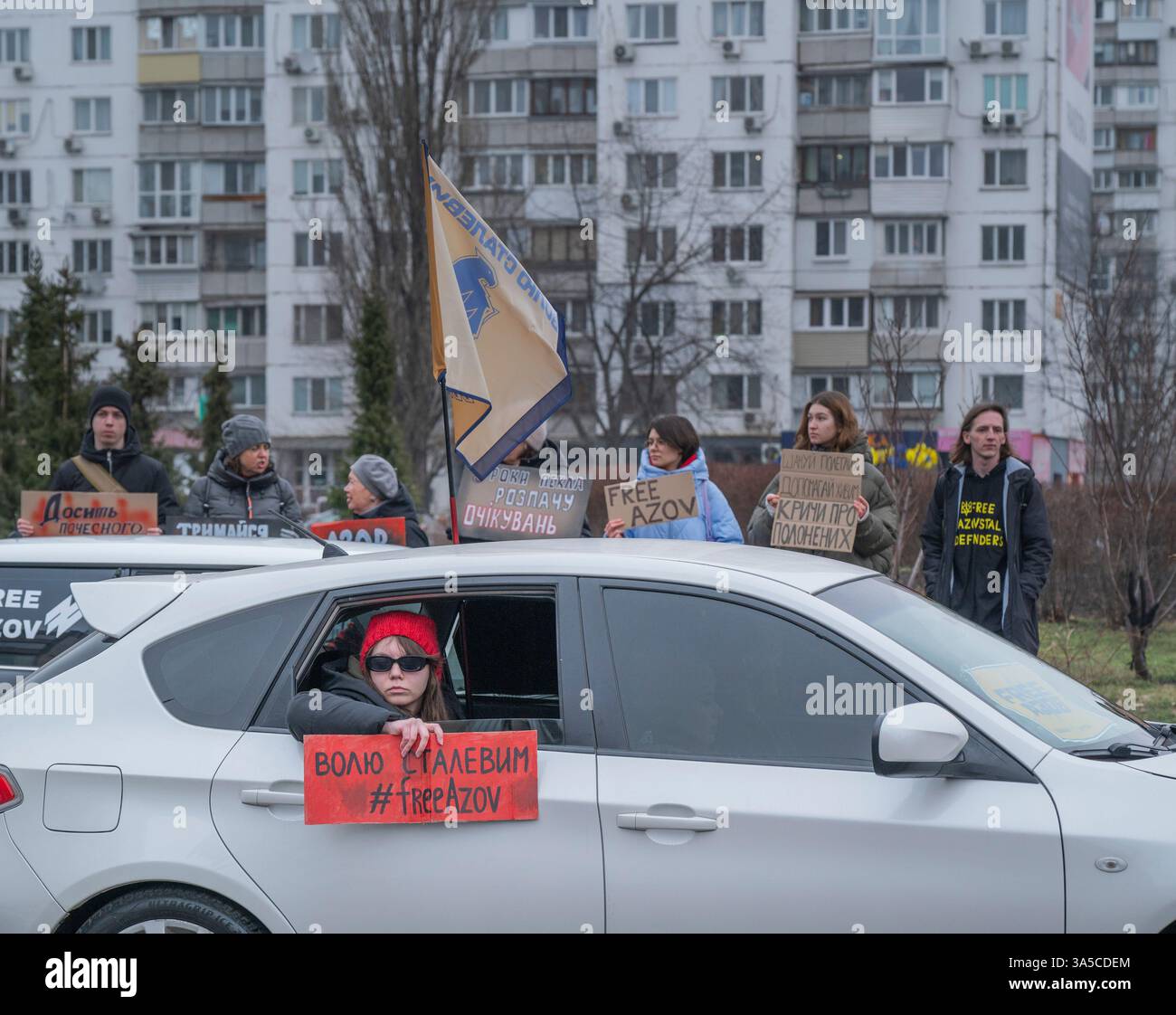 KYIV, UKRAINE - 2nd March, 2025: Activists and relatives hold banners ...