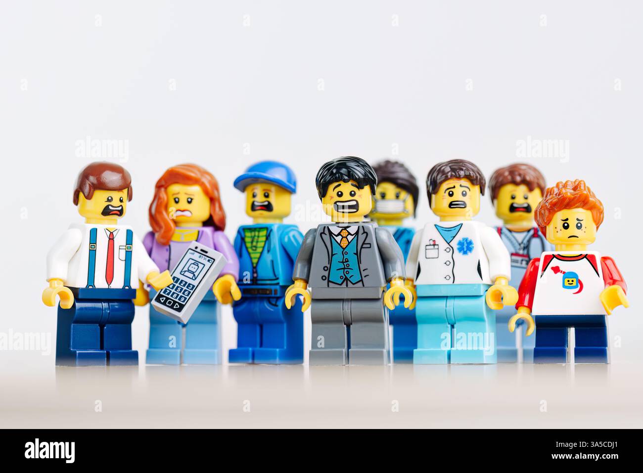 Group of worried lego minifigures looking concerned including a ...