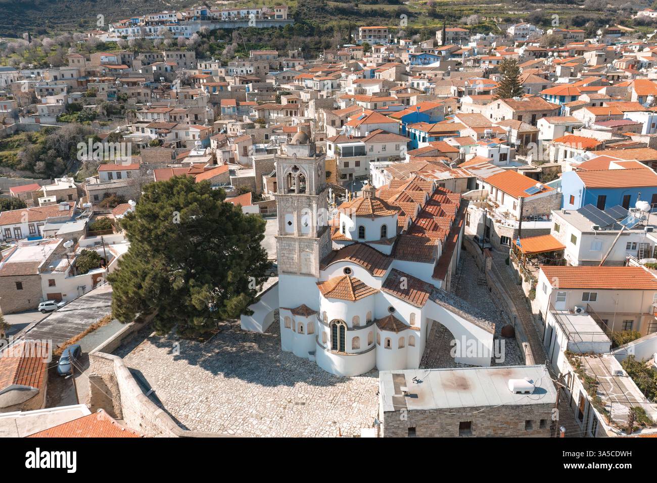 Aerial view capturing the Church of the Holy Cross in Pano lefkara ...