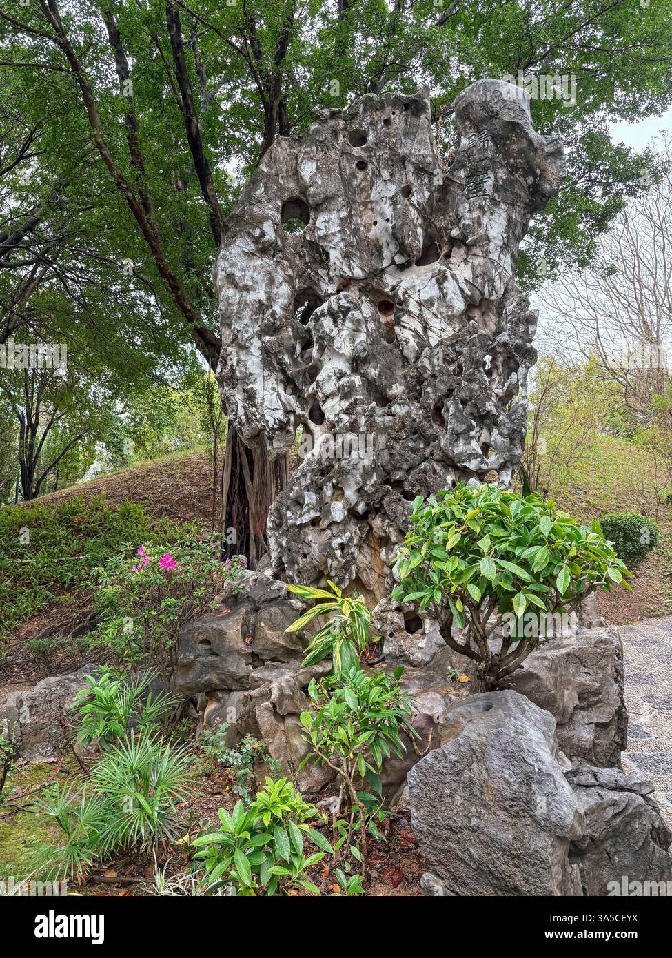 Rock structure with foliage and greenery in Kowloon Walled City Park ...